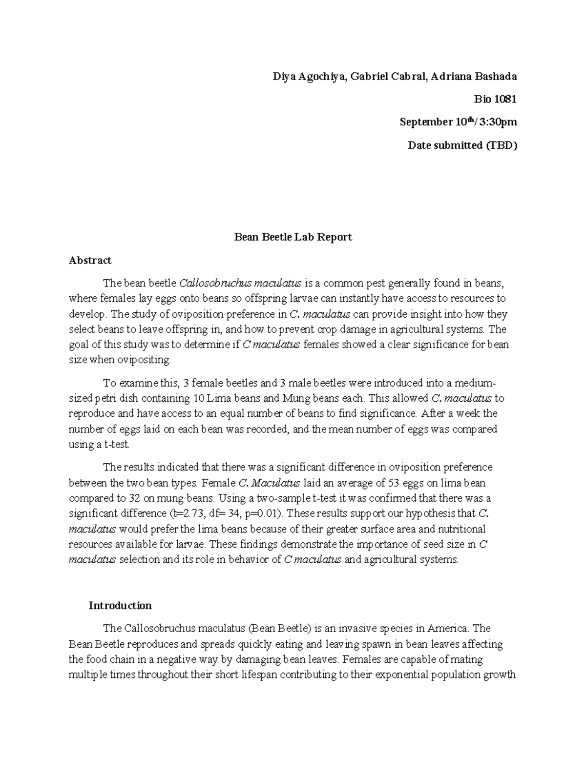 Bio 1081 Bean Beetle Lab Report: Oviposition Preference Study - Studocu