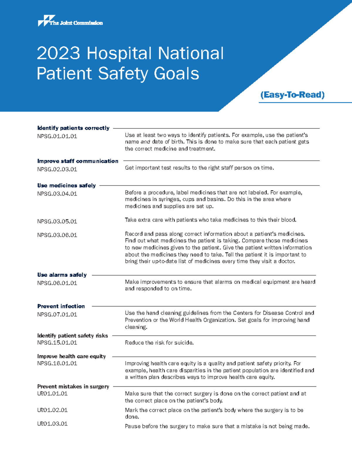 HAP NPSG Patient Safety Goals 2023 - Easy-To-Read Guide - Studocu