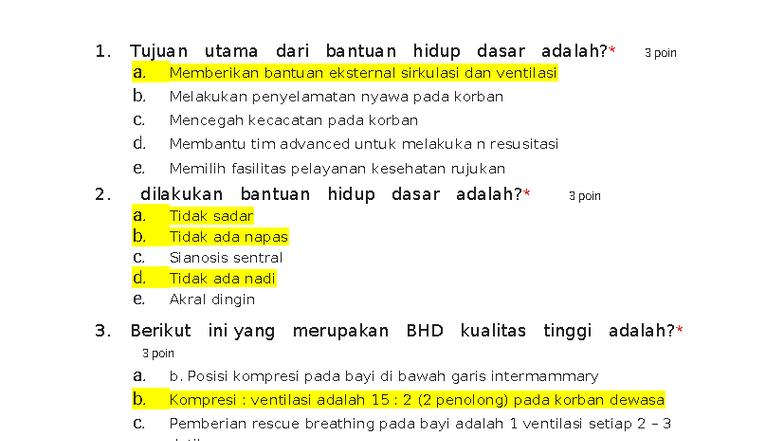 Soal Ujian BTCLS: Pertolongan Pertama dan Triage Kecelakaan - Studocu
