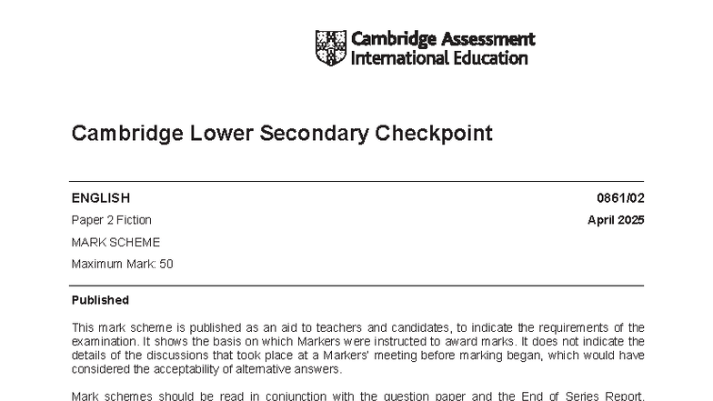 Cambridge Lower Secondary Checkpoint ENGLISH Paper 2 Fiction Mark ...