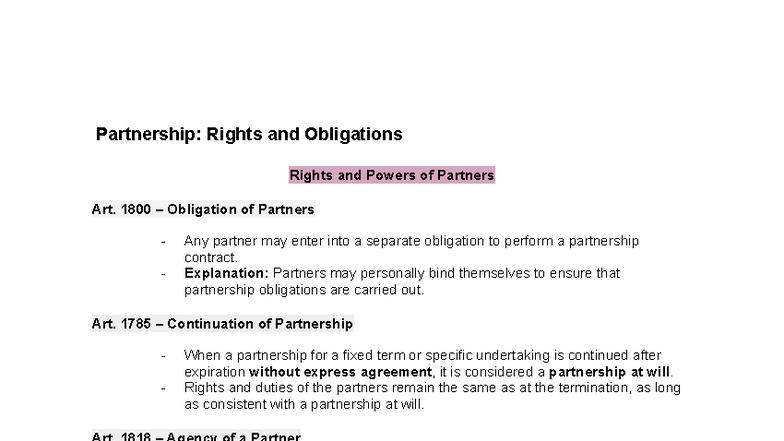 Partnership Law: Rights & Obligations Overview (Course Code: LAW101 ...