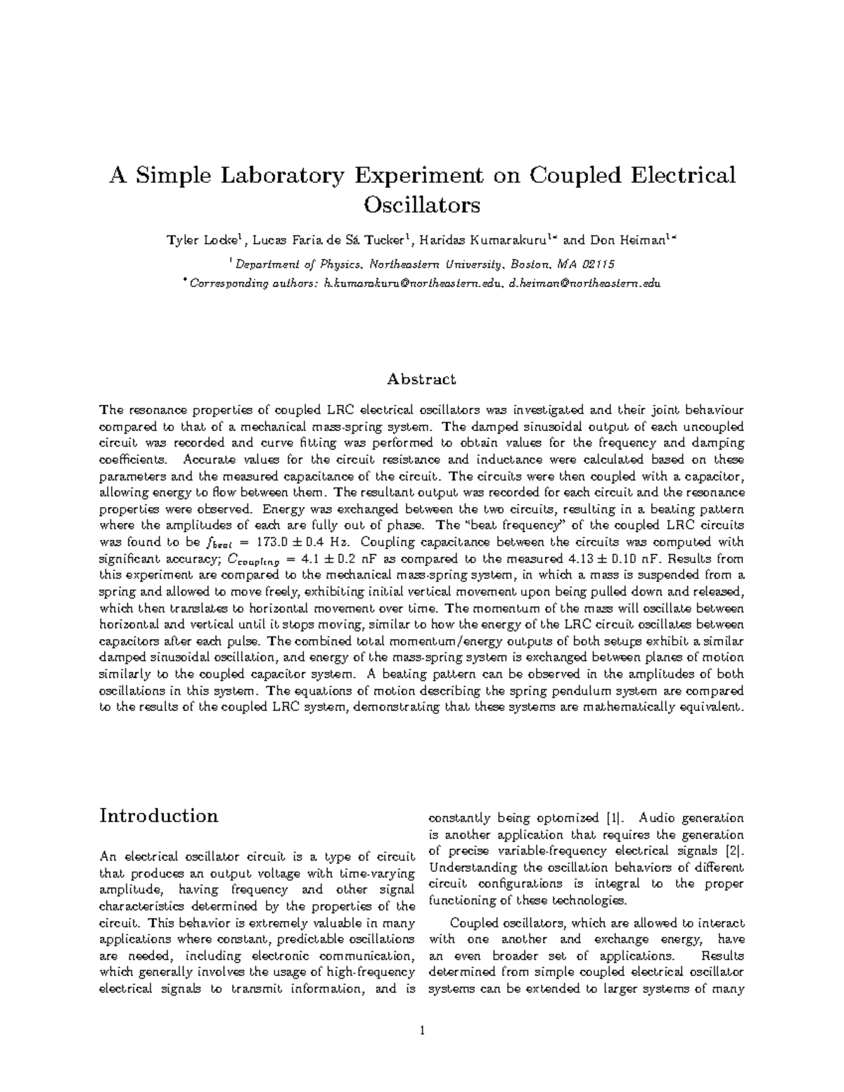 Laboratory Experiment on Coupled LRC Electrical Oscillators - Studocu