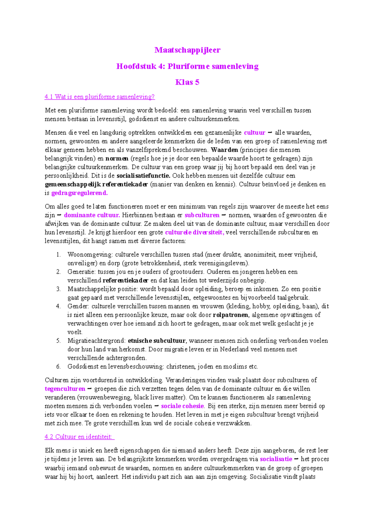 Samenvatting Hoofdstuk 4: Pluriforme Samenleving - Maatschappijleer Klas 5 - Studeersnel