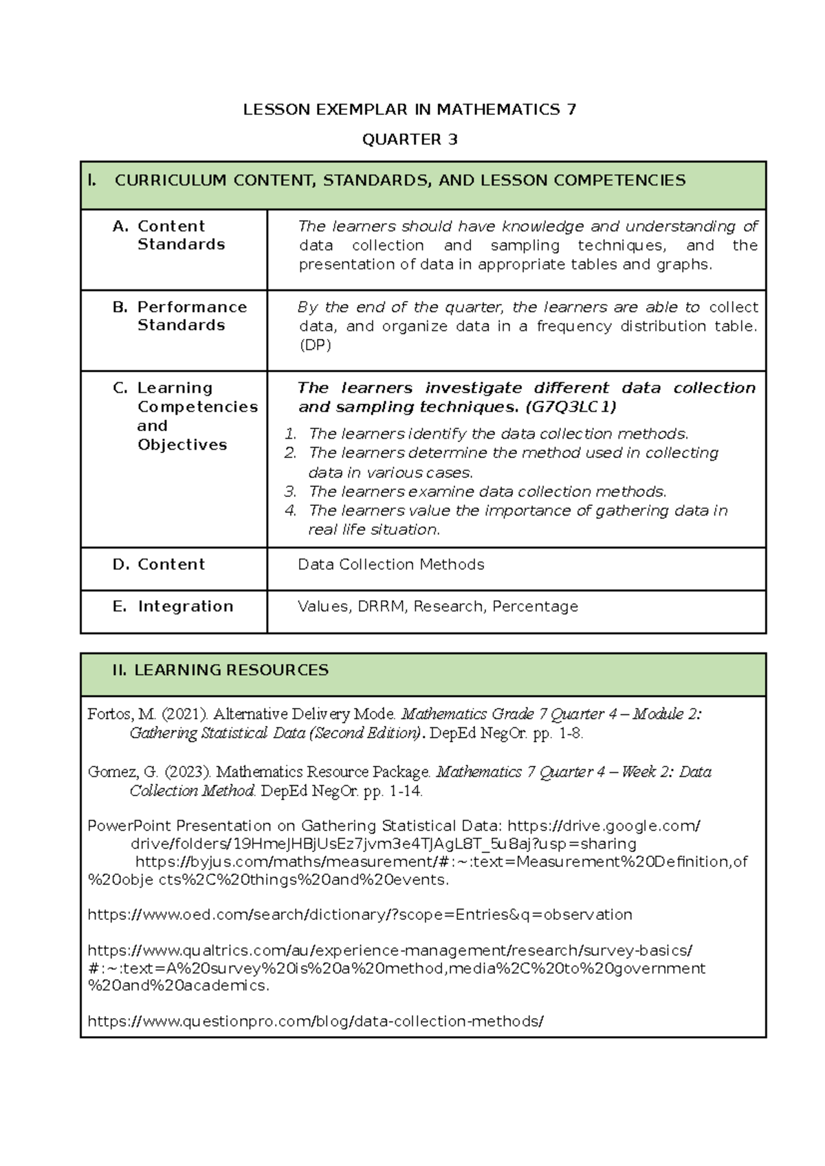 Mathematics 7 Q3 Lesson Exemplar: Data Collection Methods - Studocu