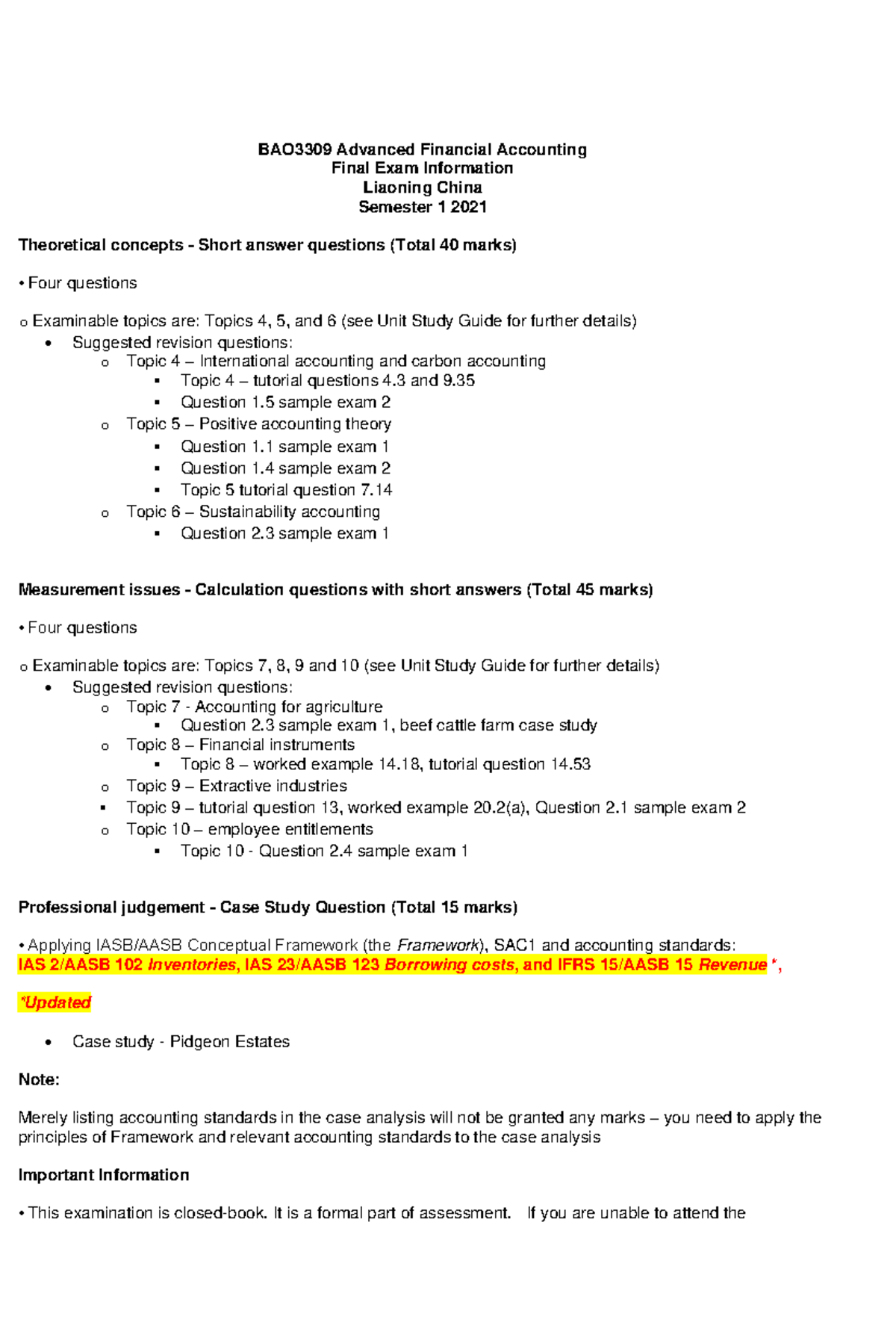 BAO3309 Final Exam Guide for Advanced Financial Accounting 2021 - Studocu