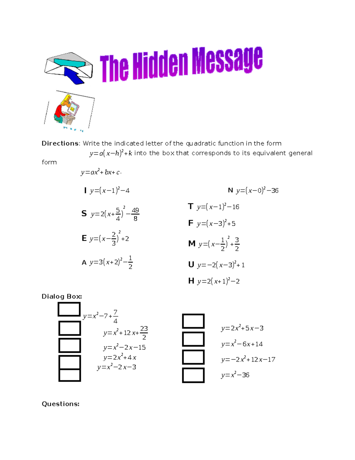 Lesson 1 Activity 10: Quadratic Functions and Their Forms - Studocu