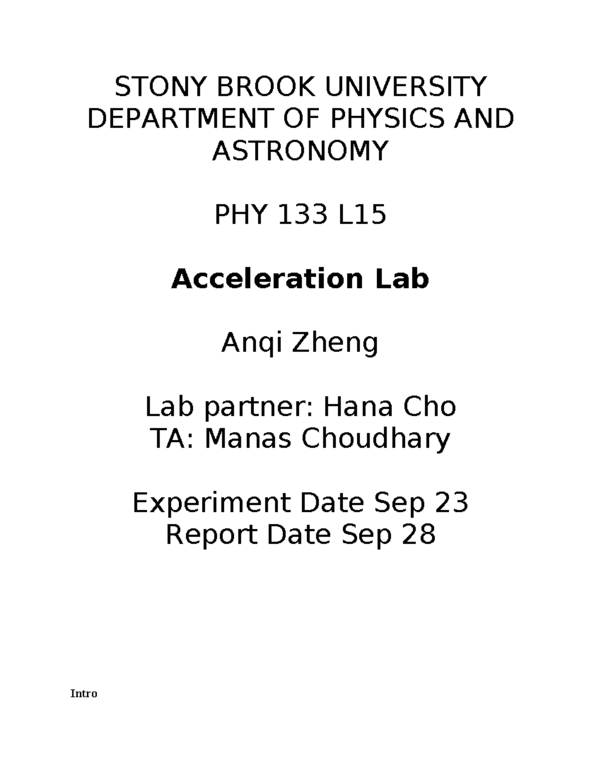 PHY 133 L15 Acceleration Lab Report: Measuring Gravity's Effect - Studocu