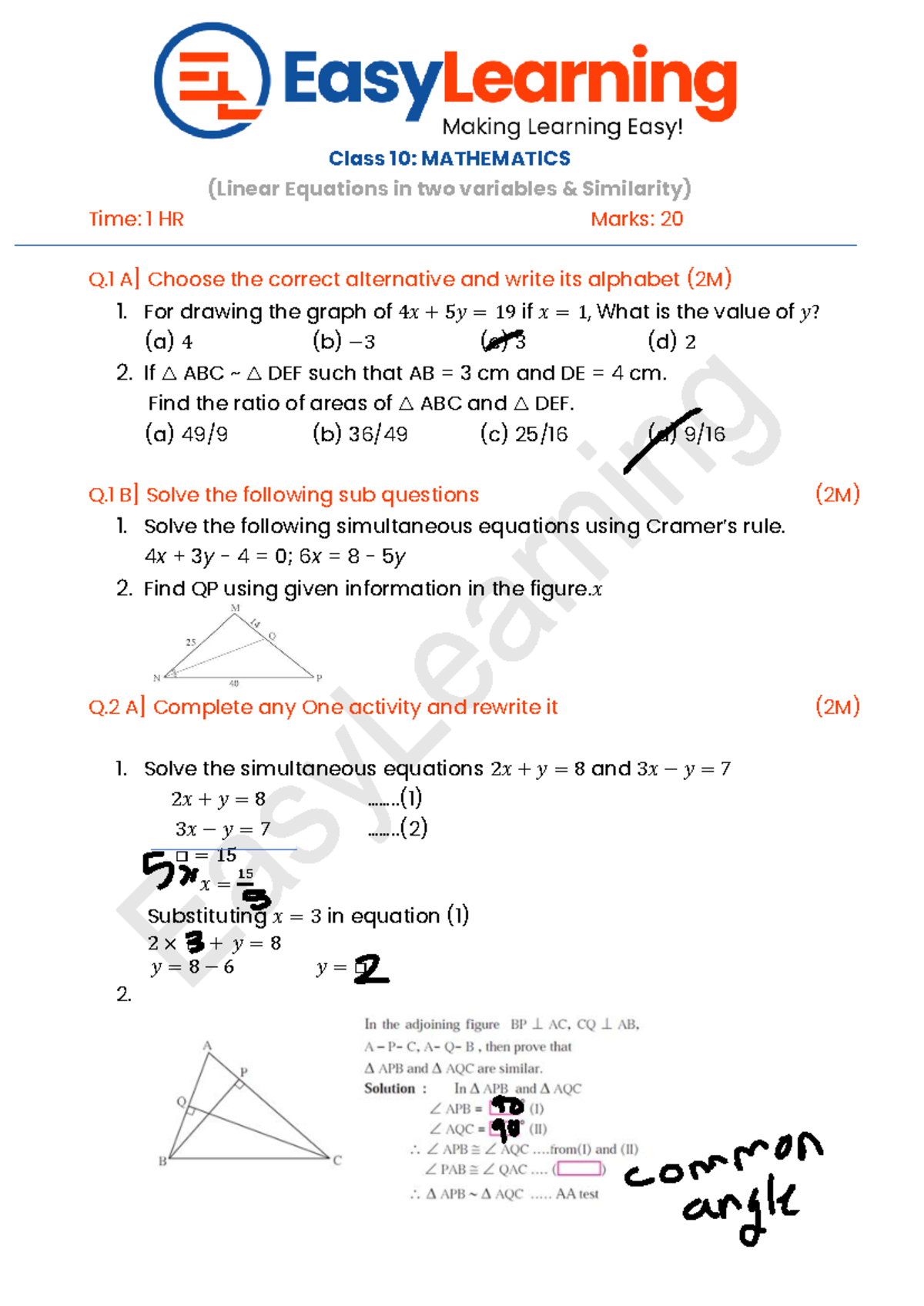 Class 10: Mathematics Quiz on Linear Equations & Similarity (20 Marks ...