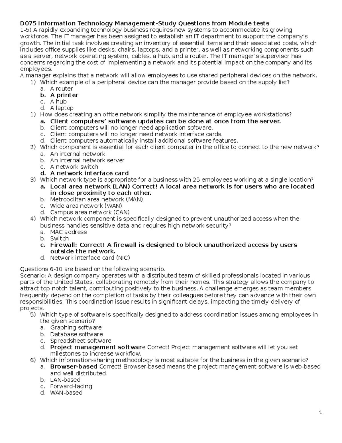 D075 IT Management Study Questions: Modules 1-5 Insights and Analysis ...
