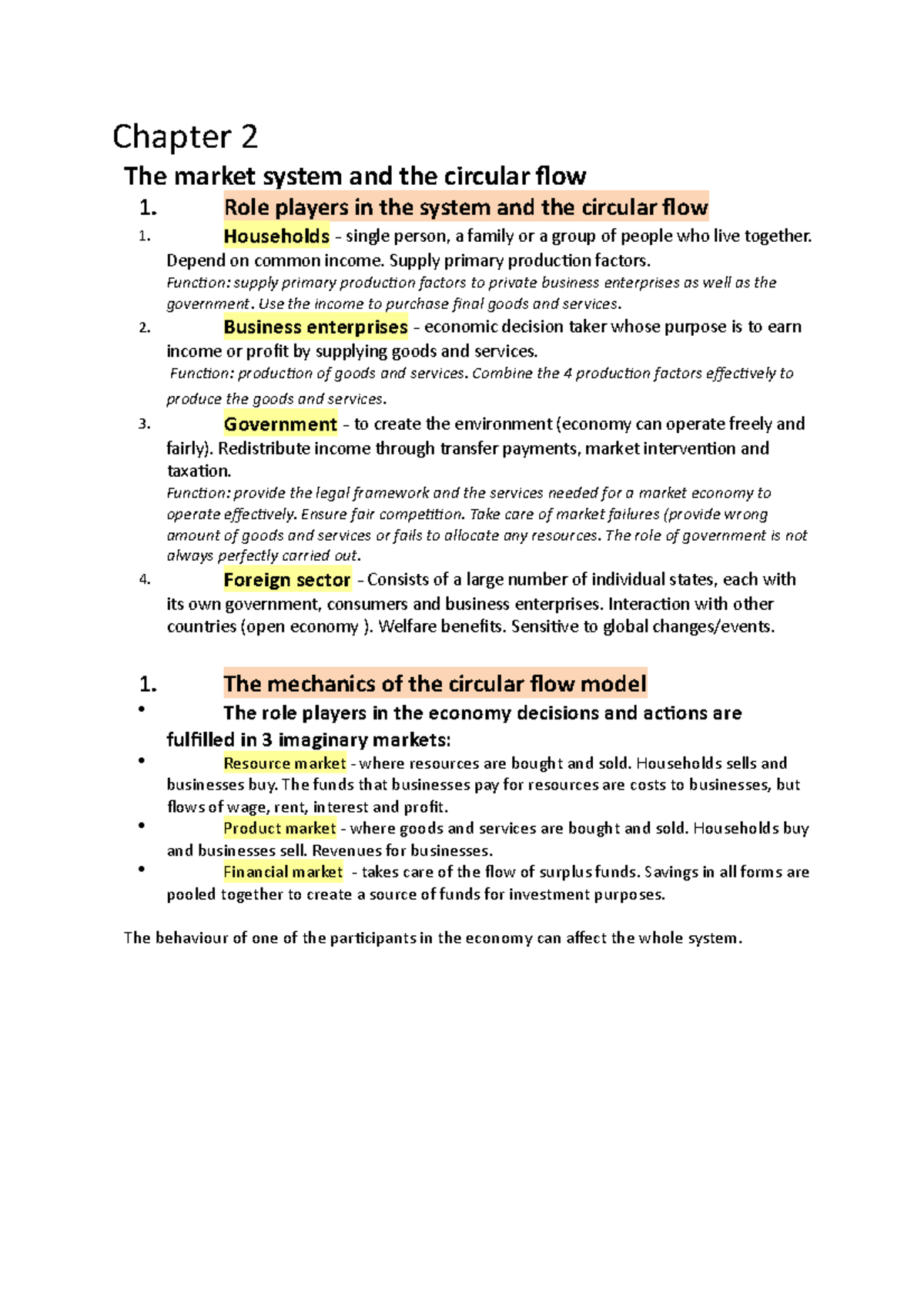 Chapter 2 - Chapter 2 The market system and the circular flow 1. Role ...