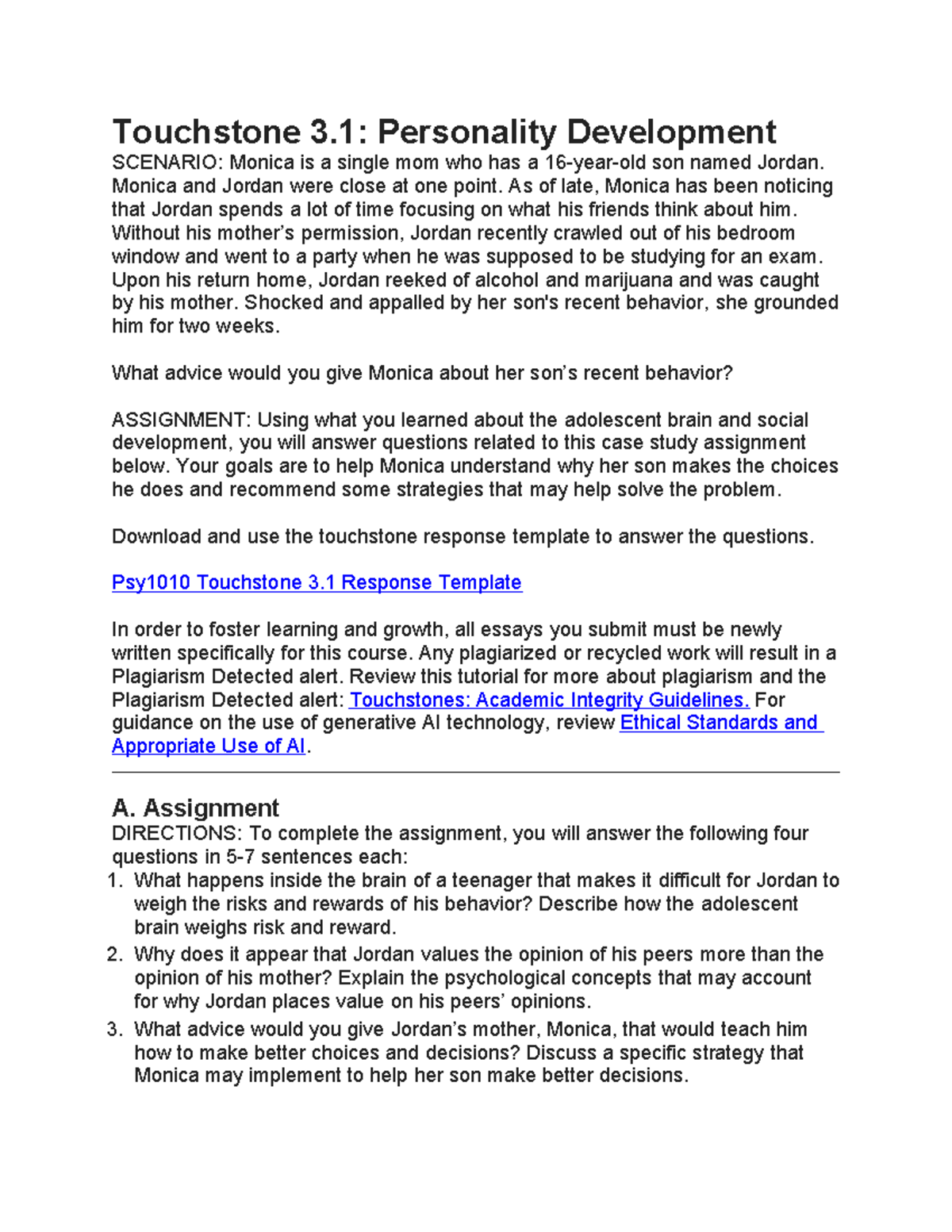 Psy1010 Touchstone 3 - Adolescent Personality Development Insights ...