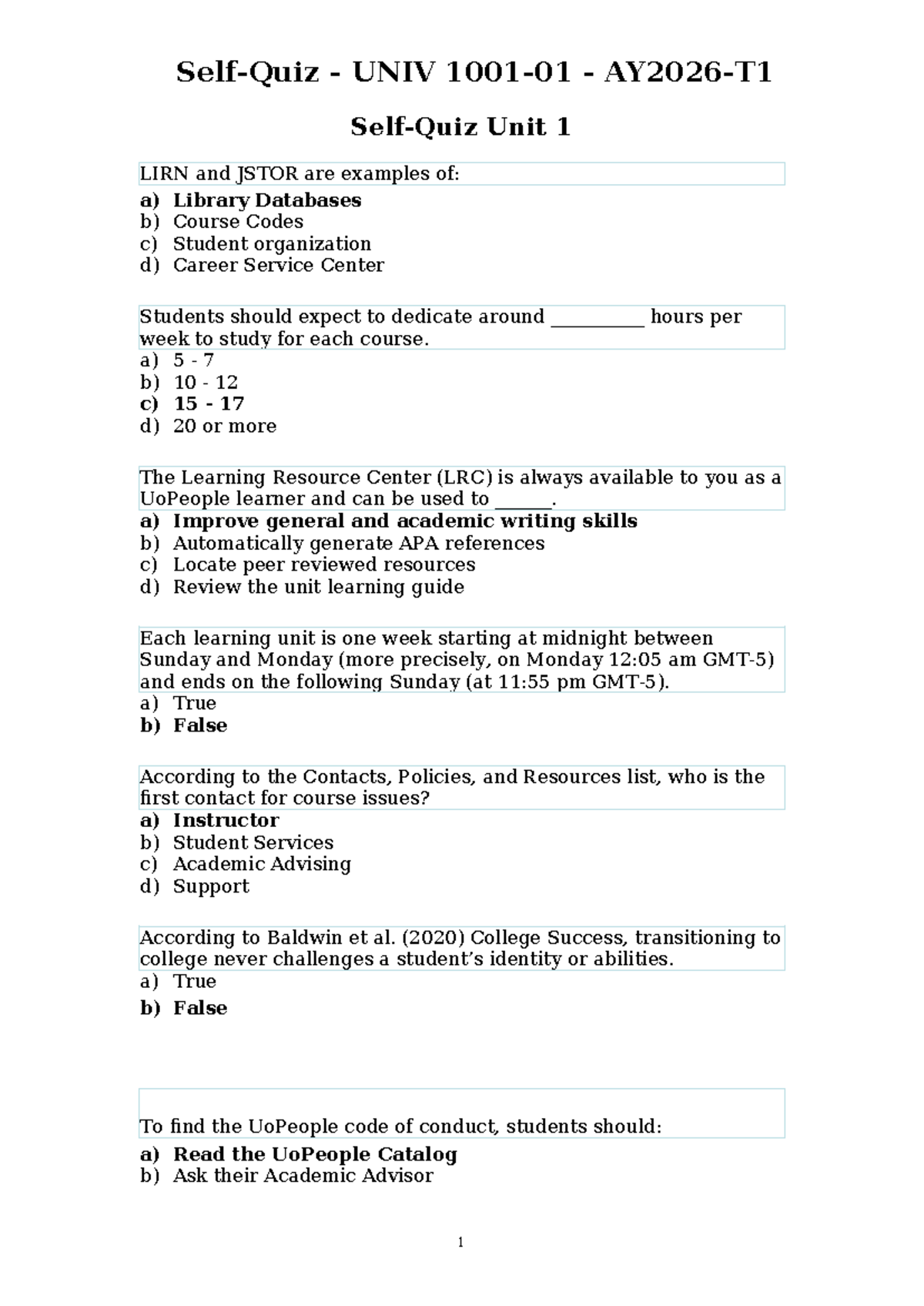 SELF QUIZ - UNIV 1001-01: UNIT 1-8 Study Guide - Studocu