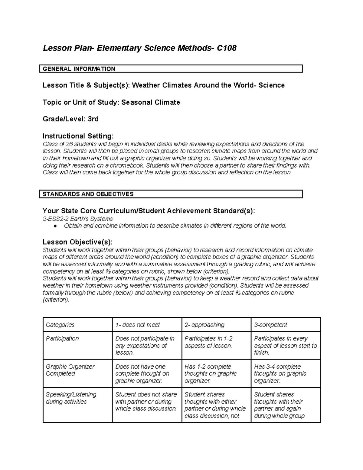 C108 Lesson Plan - Weather Climates for 3rd Grade Science - Studocu