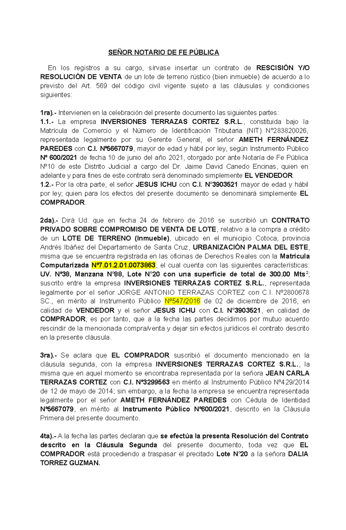 RESCISIÓN Y RESOLUCIÓN DE VENTA - LOTE RÚSTICO UV 38, MZ 88, LT 20 ...