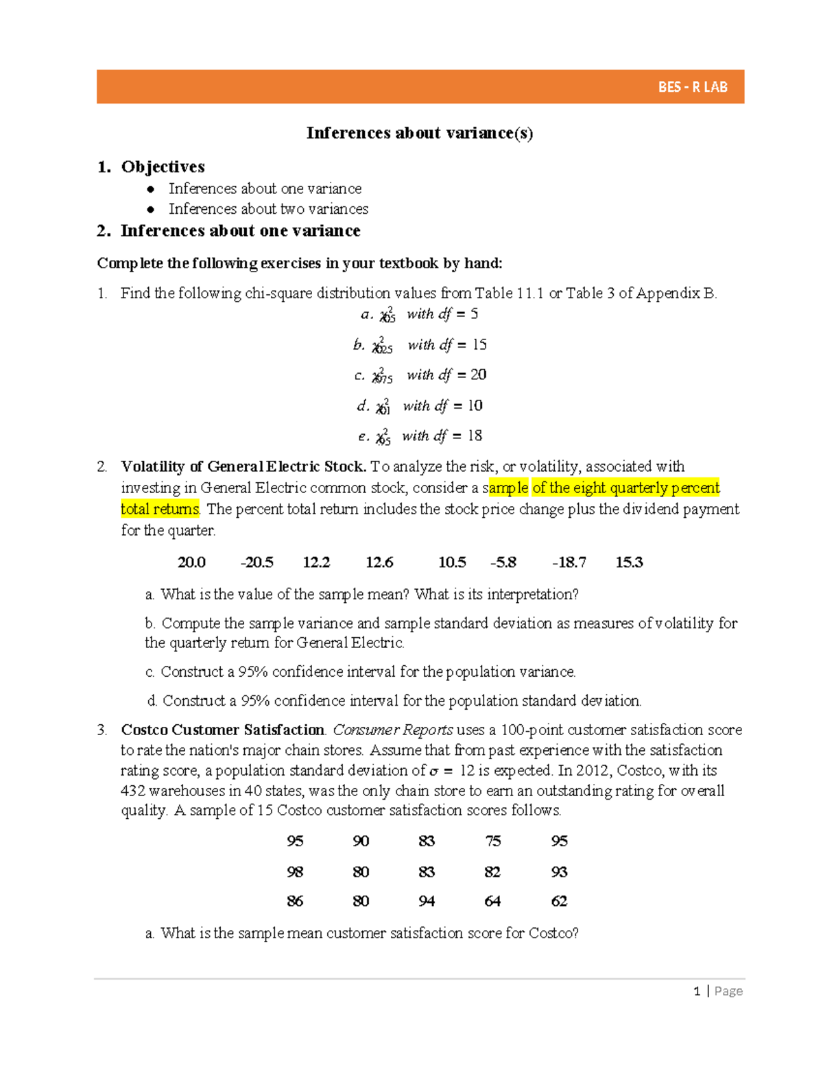 BES R LAB 2: Inferences on Variance & Stock Volatility Analysis - Studocu