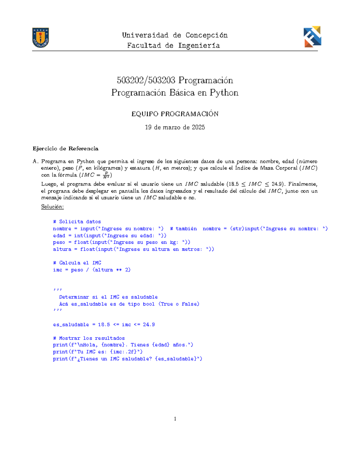 Programación Básica en Python: Ejercicios y Ejemplo de IMC (EQUIPO 19) - Studocu