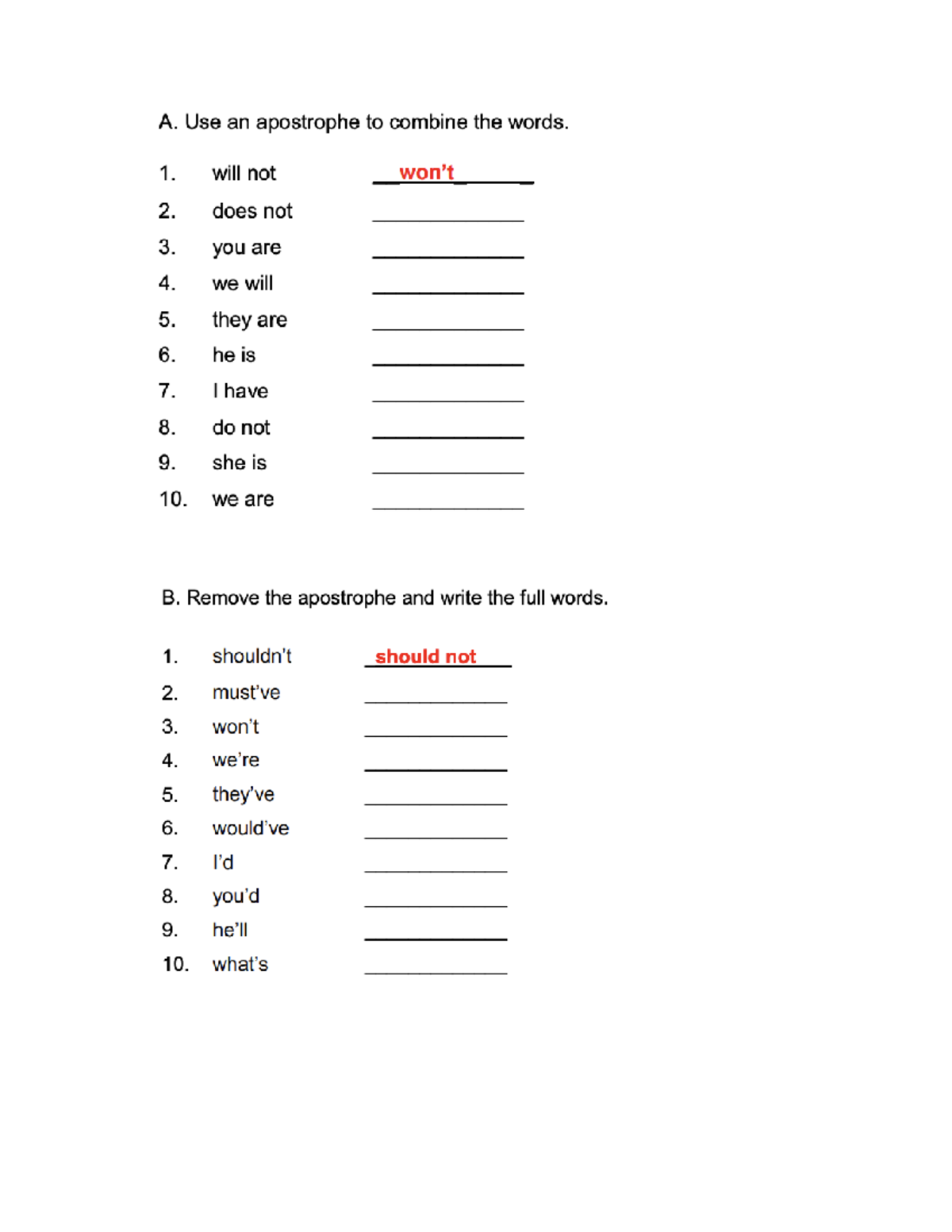 Contractions - math - A. Use an apostrophe to combine the words. will ...