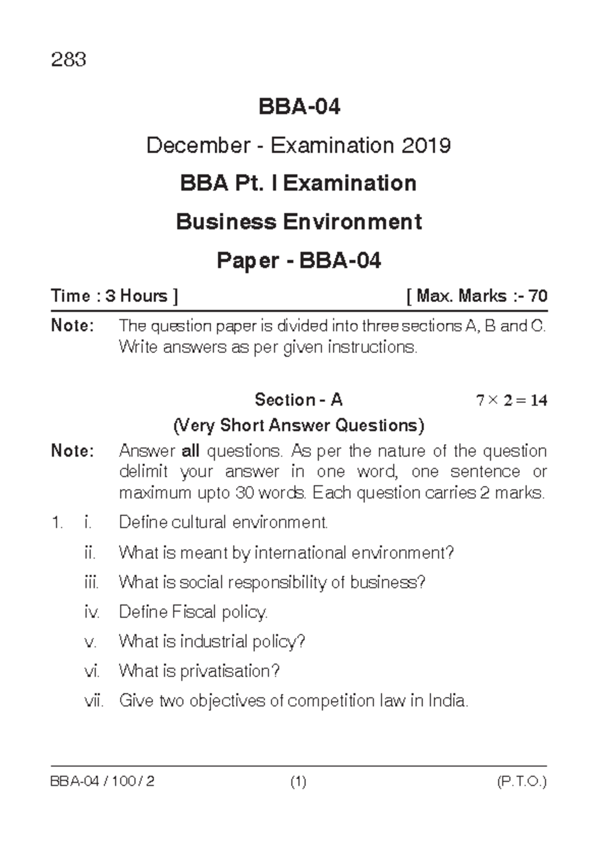 1 - PREVIOUS YEAR QUESTION PAPER FOR BBA 3rd SEMESTER - BBA- December - Examination 2019 BBA Pt ...