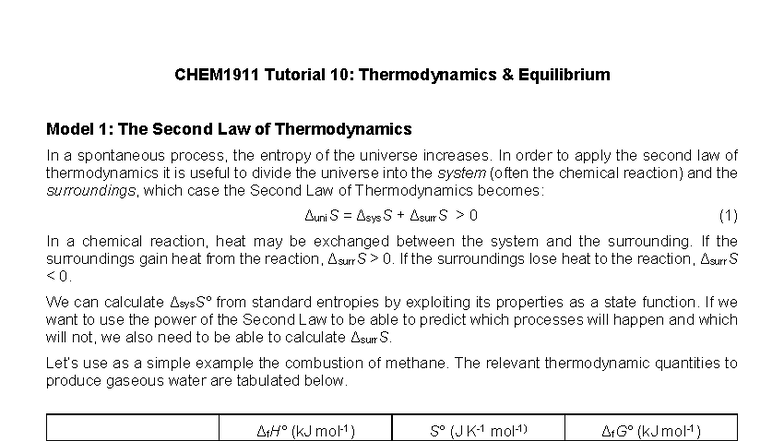 CHEM1911 Tutorial 10: Thermodynamics and Entropy Analysis - Studocu