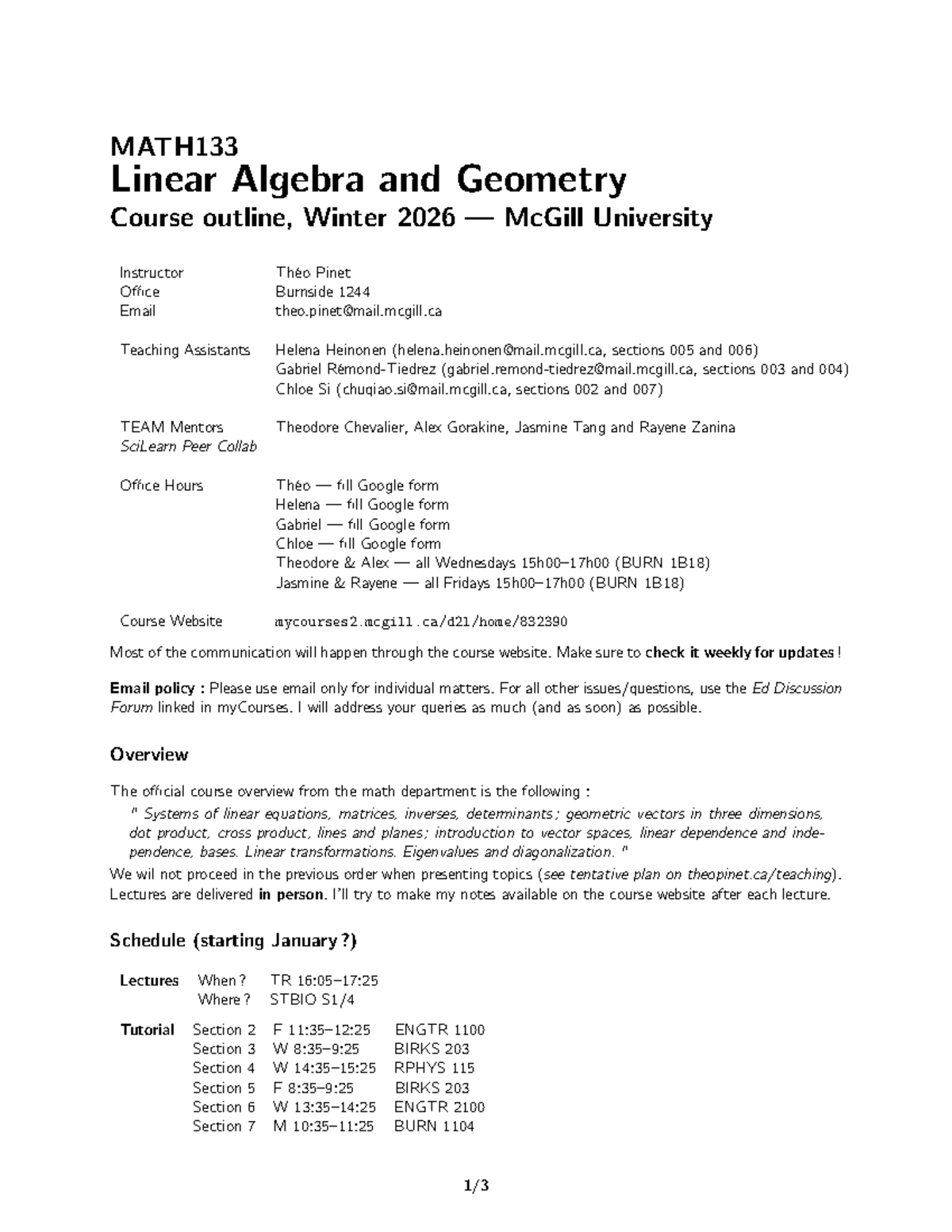MATH133 Linear Algebra and Geometry Syllabus, Winter 2026 - Studocu