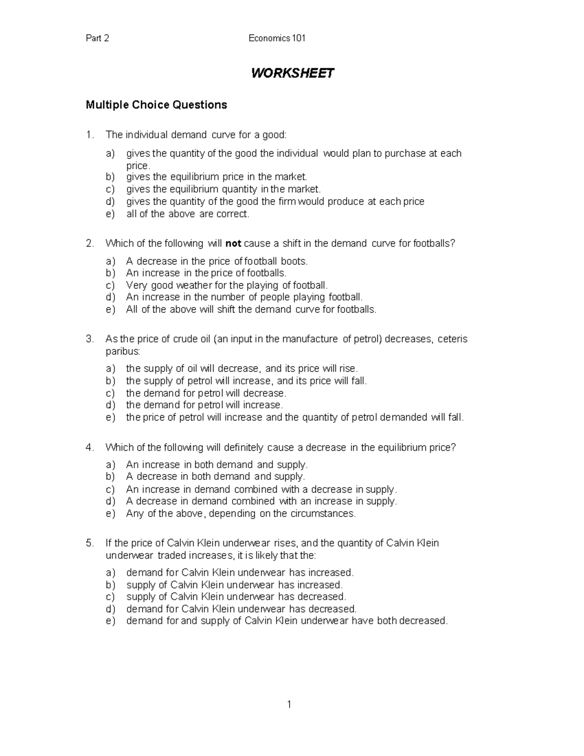 ECON 101 Part 2 Worksheet: Multiple Choice Questions and Answers - Studocu