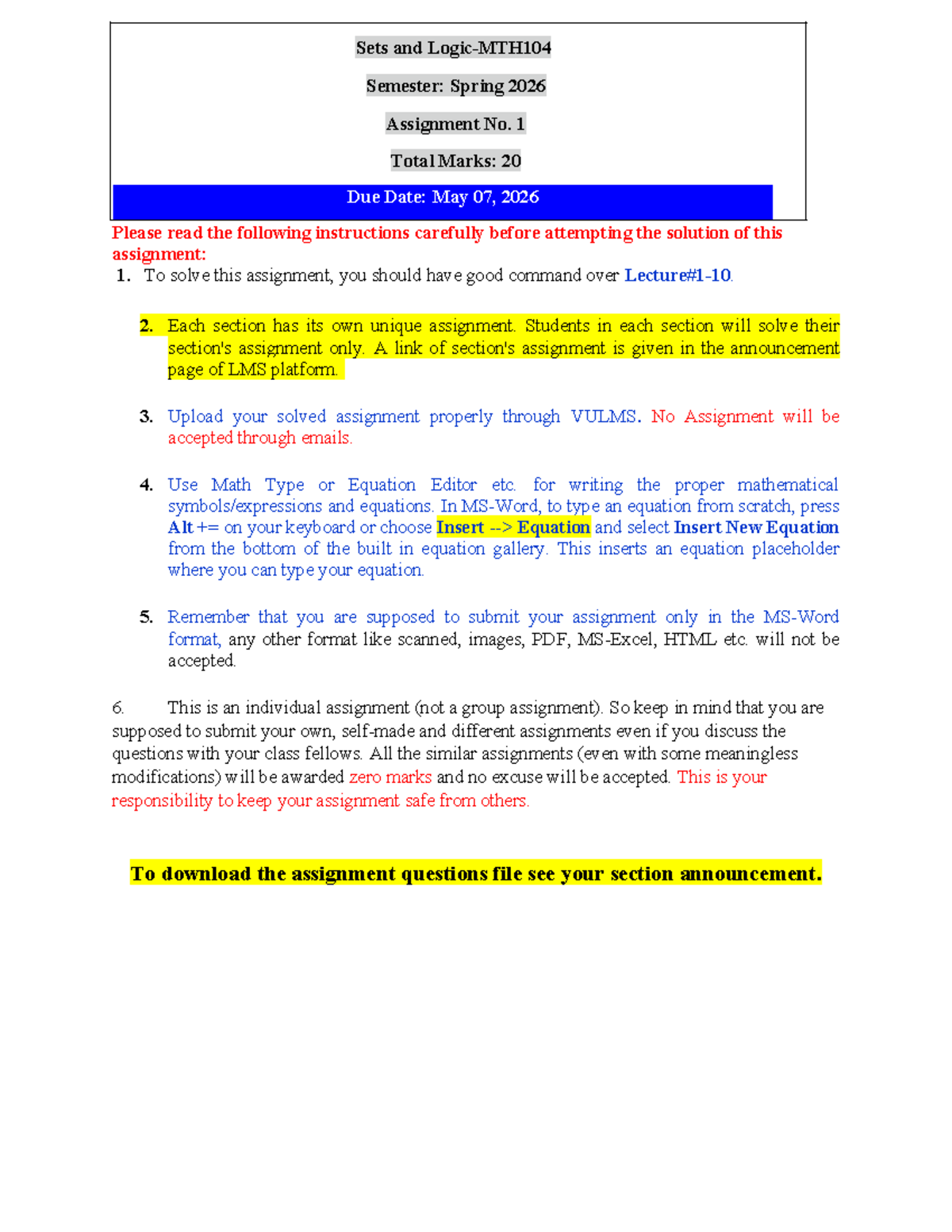 Spring 2026 MTH104 Assignment No. 1 Guidelines and Instructions - Studocu