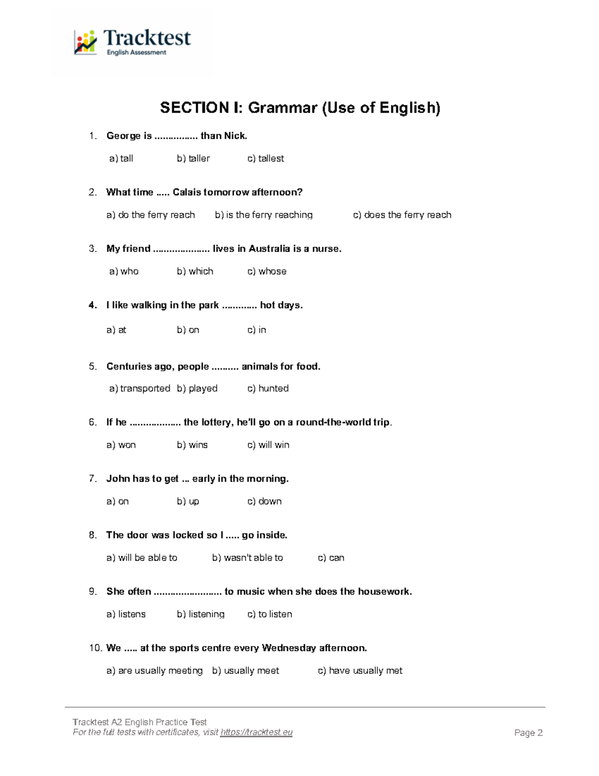 A2 English Practice Test - Grammar Section Homework - Studocu