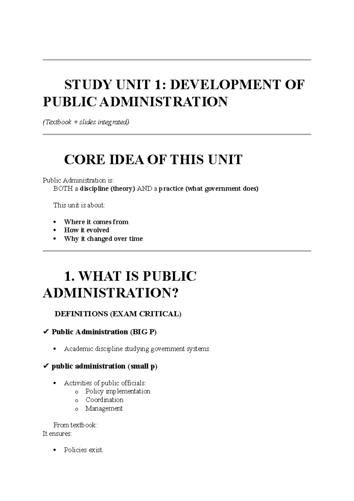 STUDY UNIT 1: DEVELOPMENT OF PUBLIC ADMINISTRATION (EXAM PREP) - Studocu