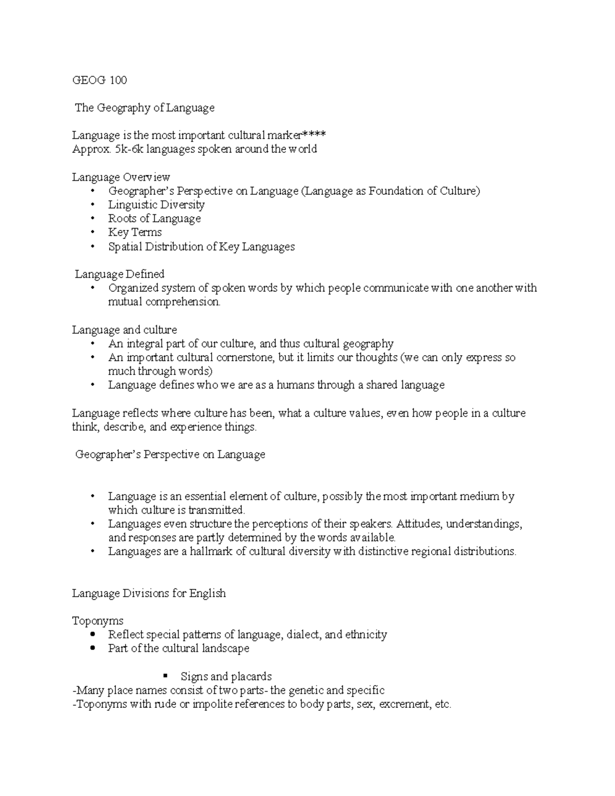 GEOG 100 Lecture Notes: The Geography of Languages Overview - Studocu