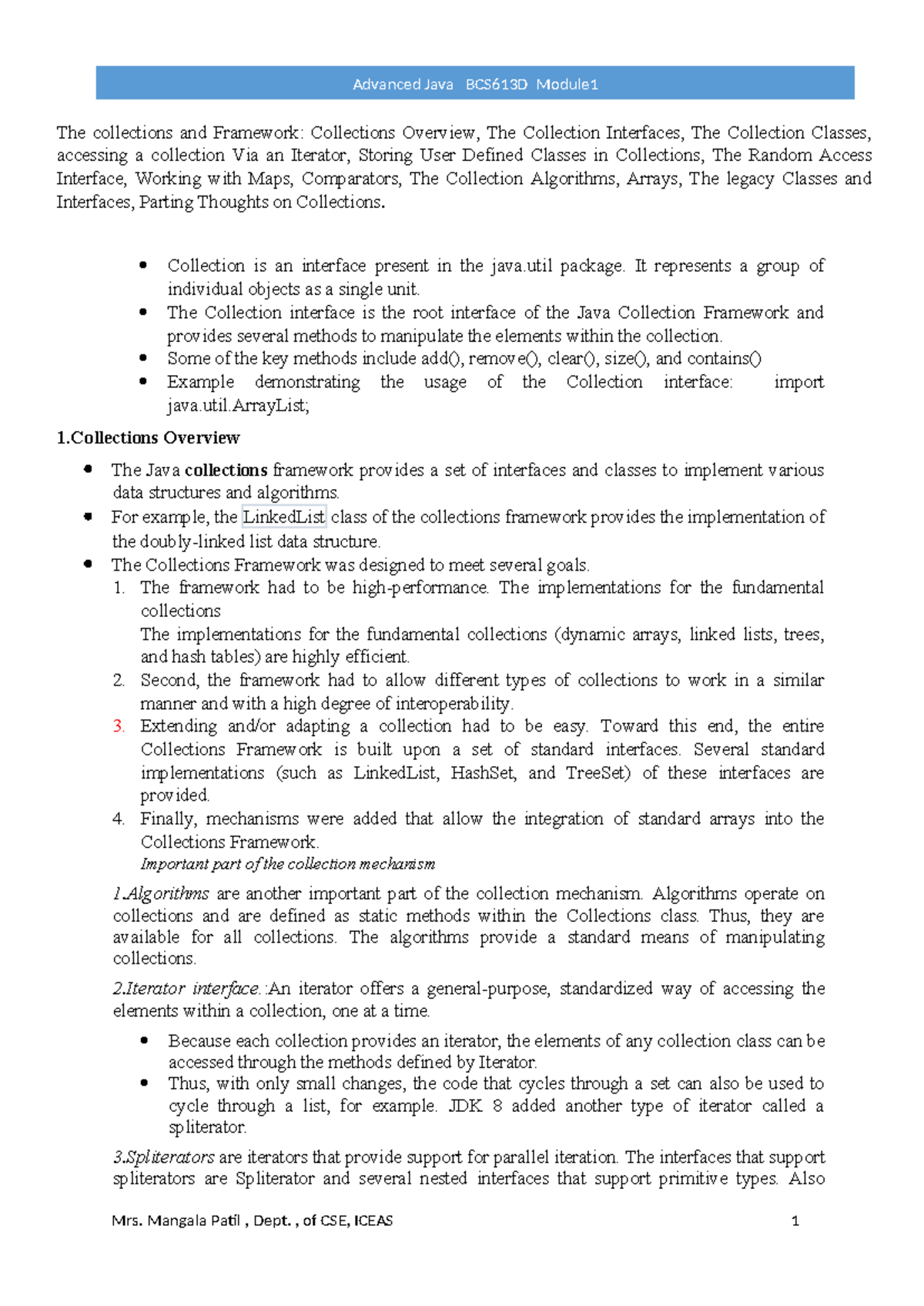 Advanced Java BCS613D Module 1: Overview of Collections Framework - Studocu
