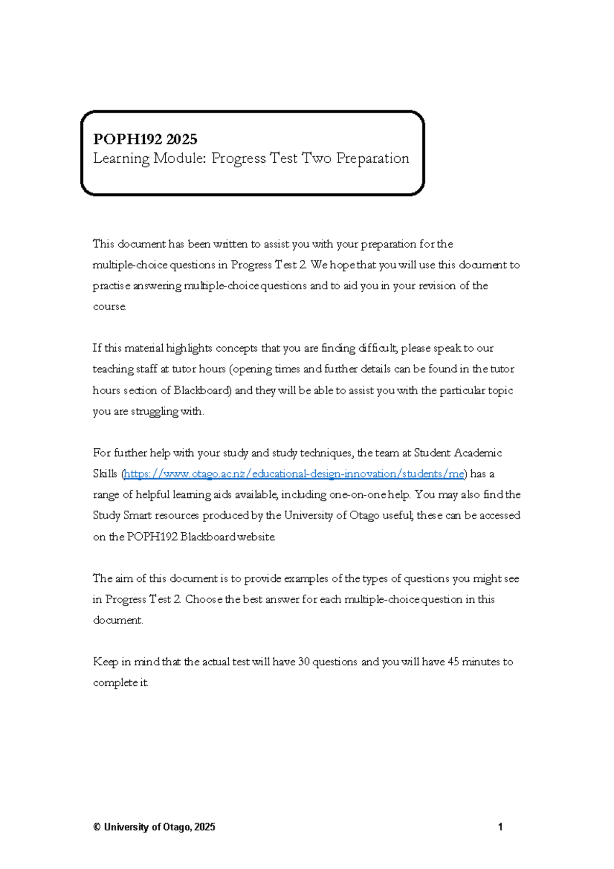 POPH192 2025 Progress Test 2 Prep: Practice Questions & Answers - Studocu