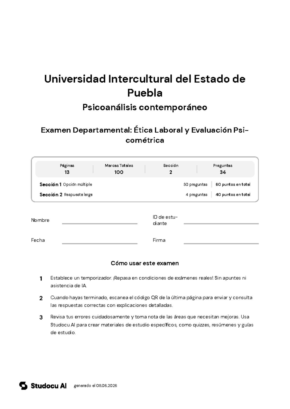 Examen Departamental: Ética Laboral y Evaluación Psicométrica - Studocu