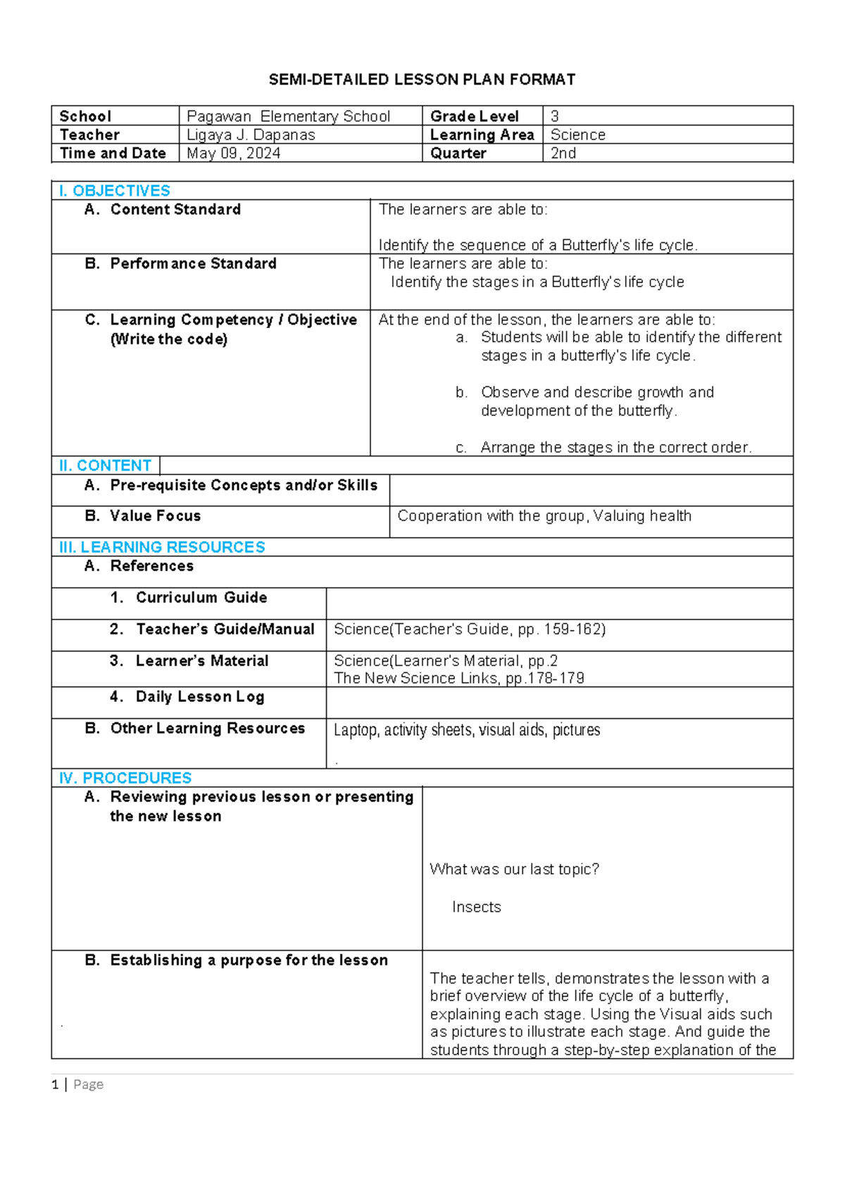 Life Cycle of a Butterfly - Science Lesson Plan (Grade 3) - Studocu