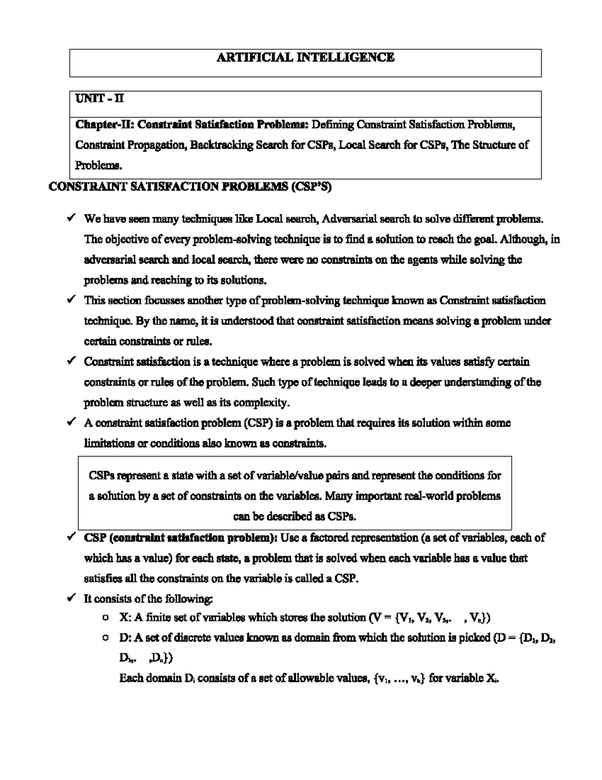 AI 2 - Unit II: Understanding Constraint Satisfaction Problems - Studocu