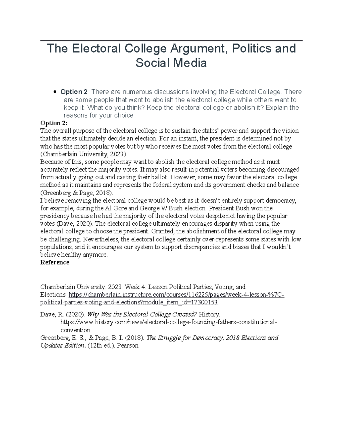 Pol 330- Week 4- The Electoral College Argument- discussion - The ...