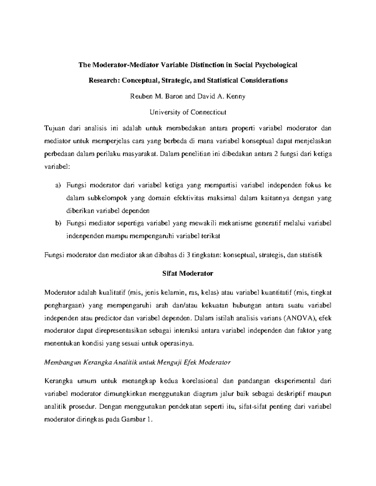 Rangkuman Baron & Kenny: Variabel Moderator dan Mediator - Studocu