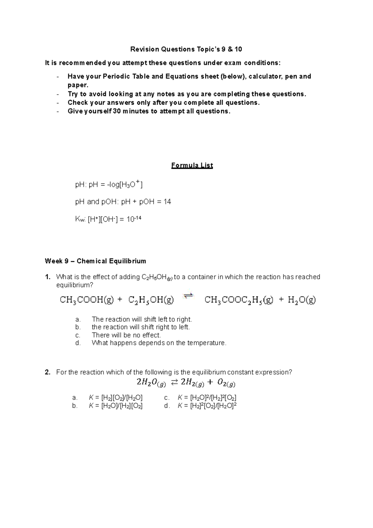 CHEM105 Revision Questions for Weeks 9 & 10 Exam Prep - Studocu