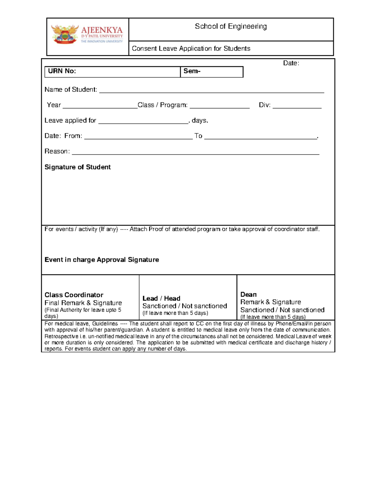 SOE Student Leave Application Format for Engineering Students - Studocu