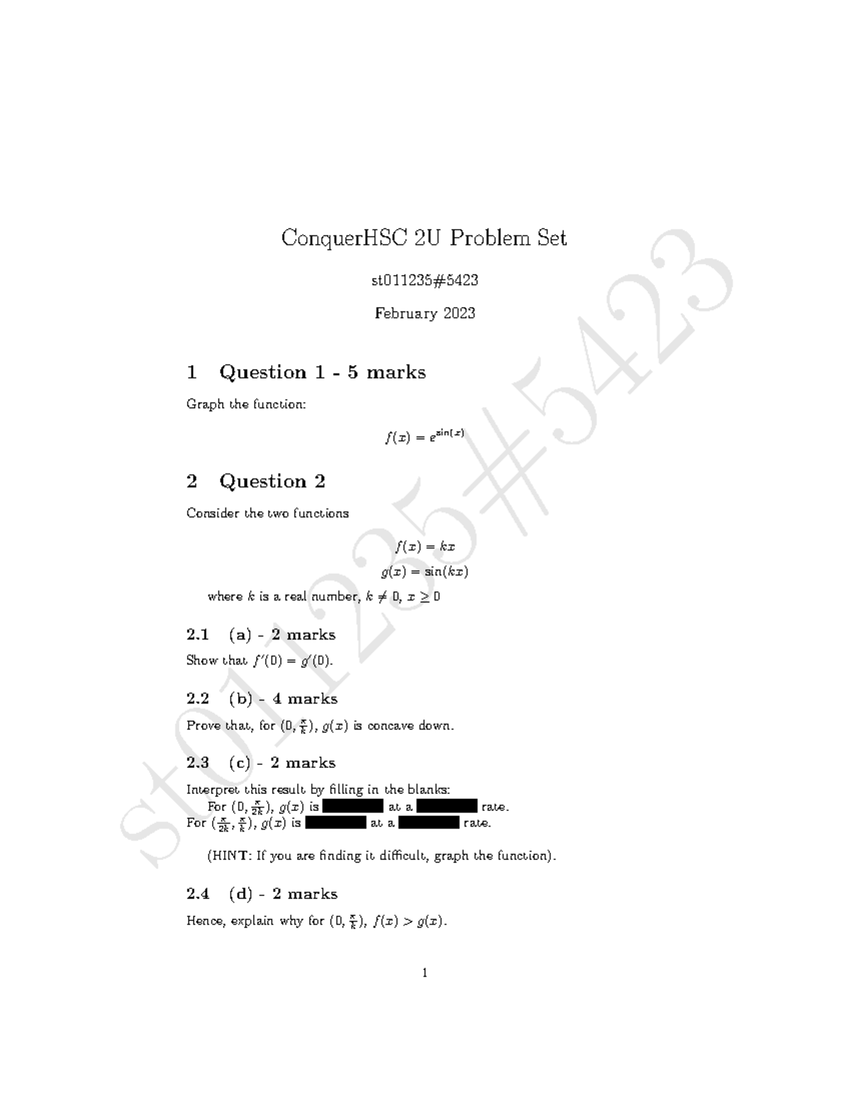 Conquer HSC 2U Advanced Problem Set 35 - February 2023 - Studocu