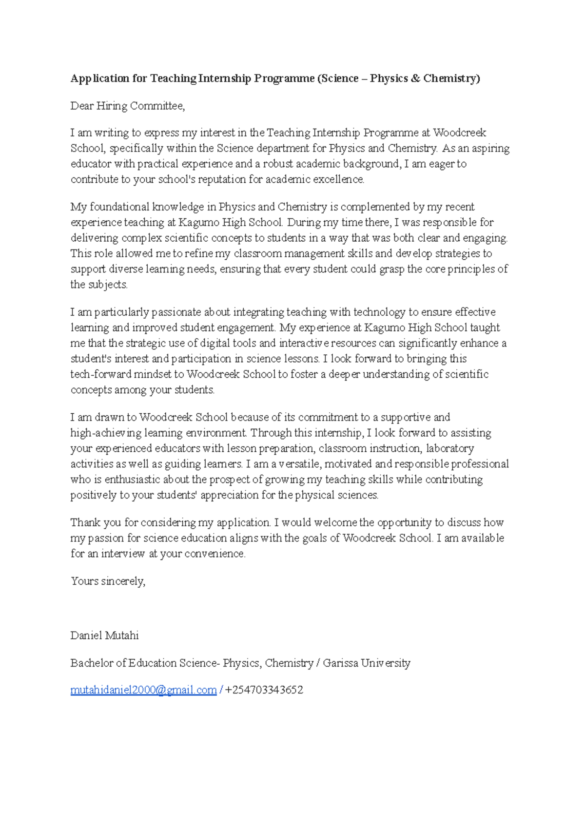 Teaching Internship Application: Physics & Chemistry at Woodcreek - Studocu