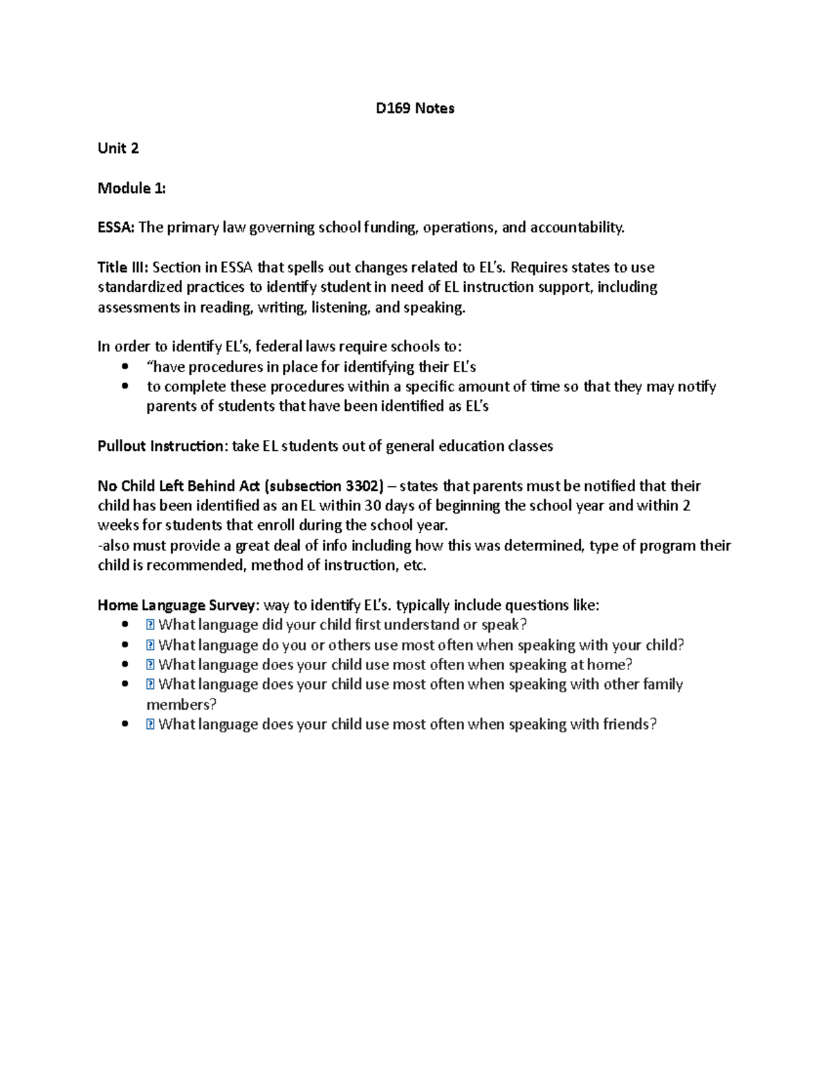 D169 Lecture notes - D169 Notes Unit 2 Module 1: ESSA: The primary law ...