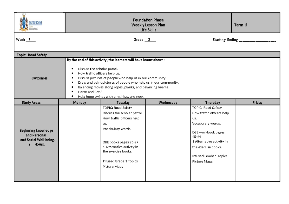 Grade 2 Life Skills Weekly Lesson Plan: Road Safety (Term 3, Week 7 ...