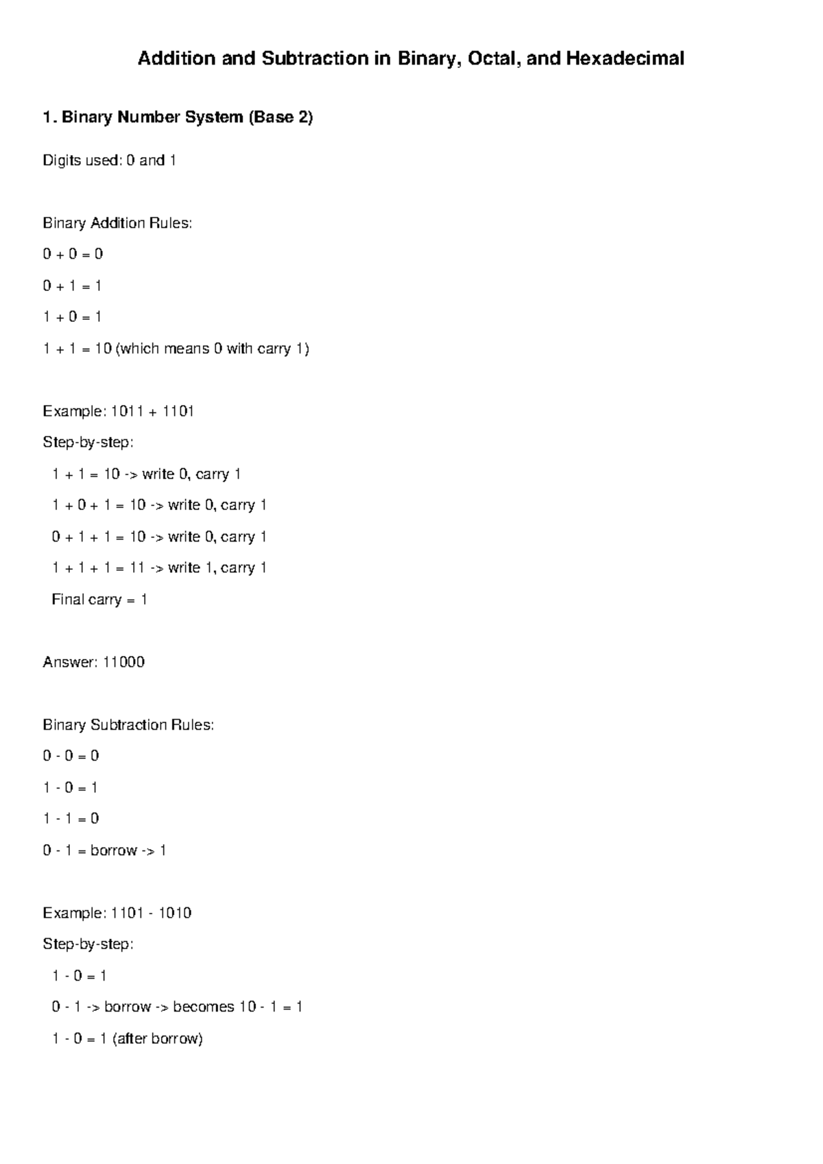 Number System Operations: Addition & Subtraction In Binary, Octal, Hex