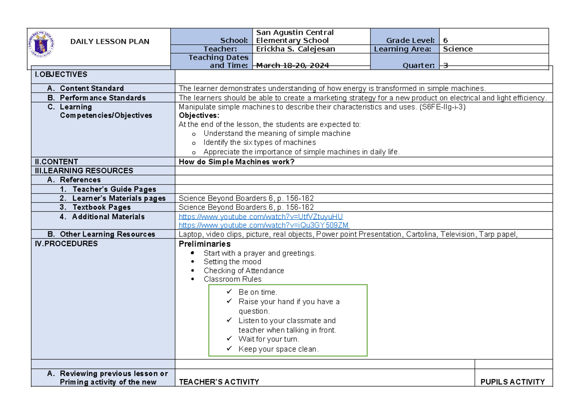 Science 6: Lesson Plan on Simple Machines and Energy Transformation ...