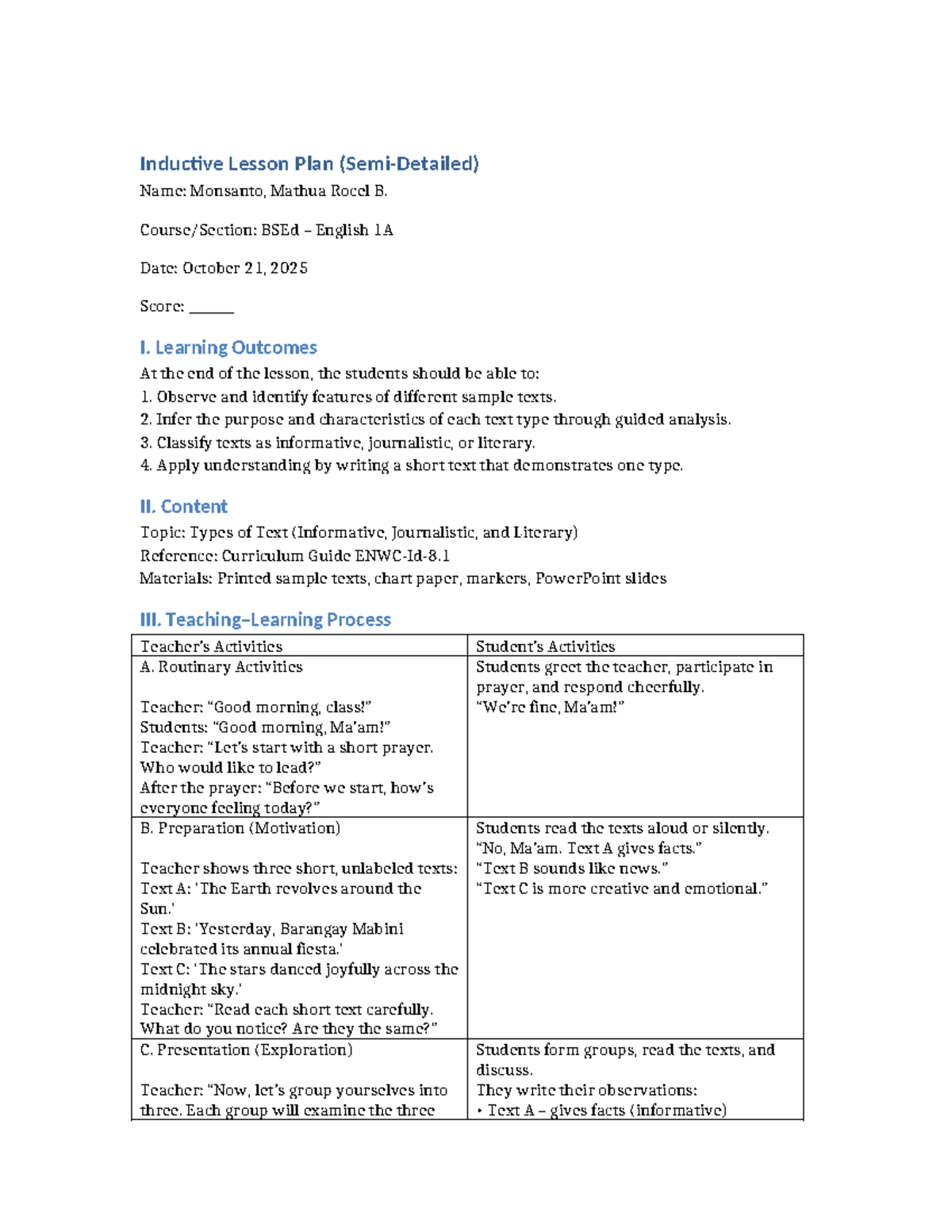 Inductive Lesson Plan: Types of Texts for ENWC 8.1 - Studocu