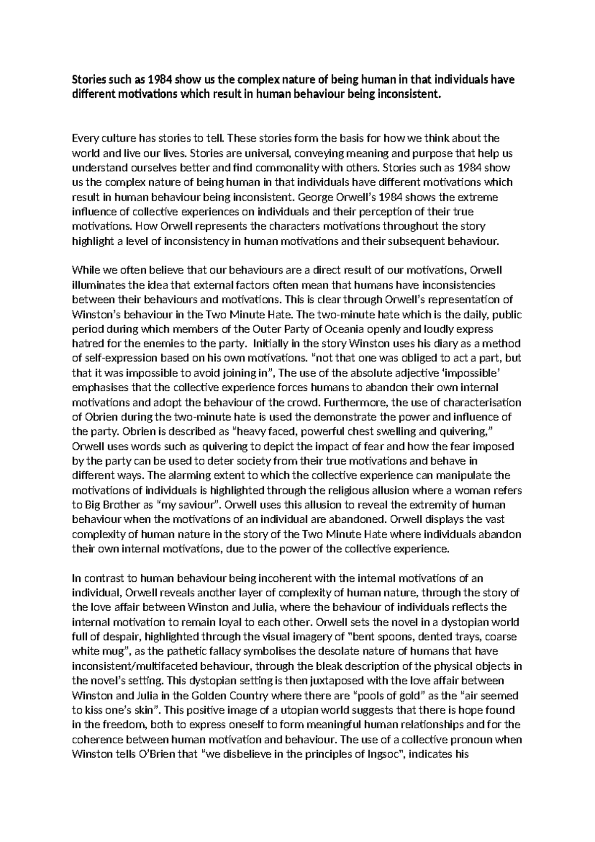 1984 essay 1 - Stories such as 1984 show us the complex nature of being ...