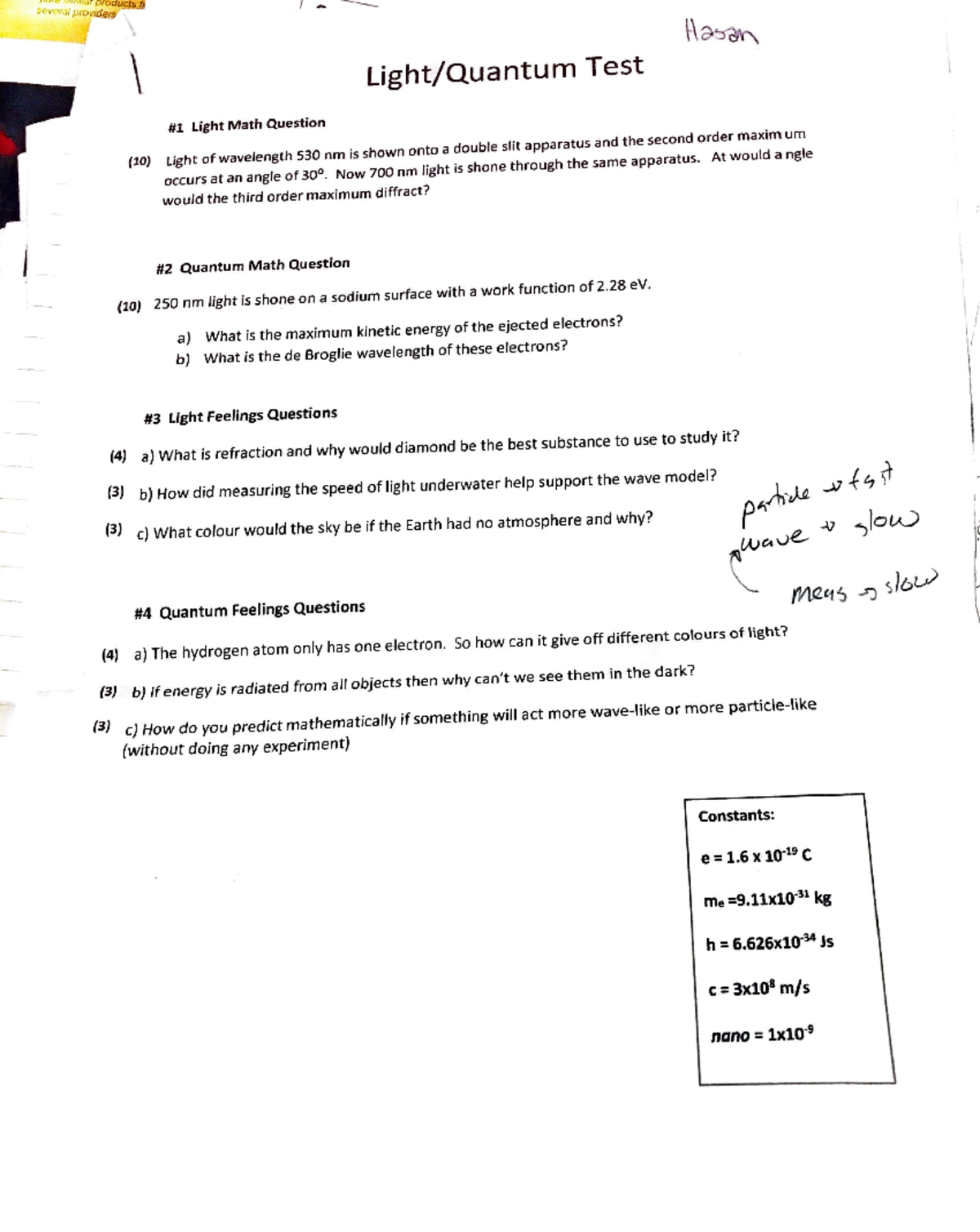 Physics - All Tests - i I - ####### \ Light/Quantum Test #1 ...