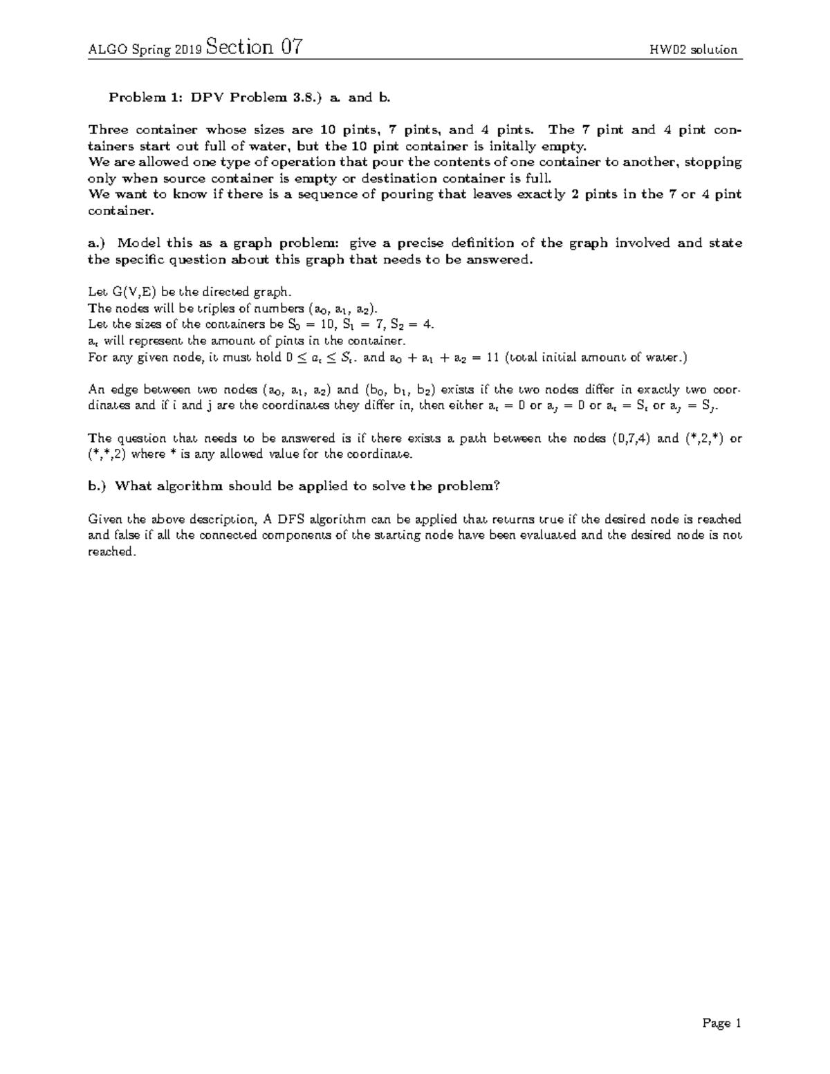 Algo Hw 02 - Algo Hw 2 - Problem 1: DPV Problem 3.) a. and b. Three container whose sizes are 10 ...