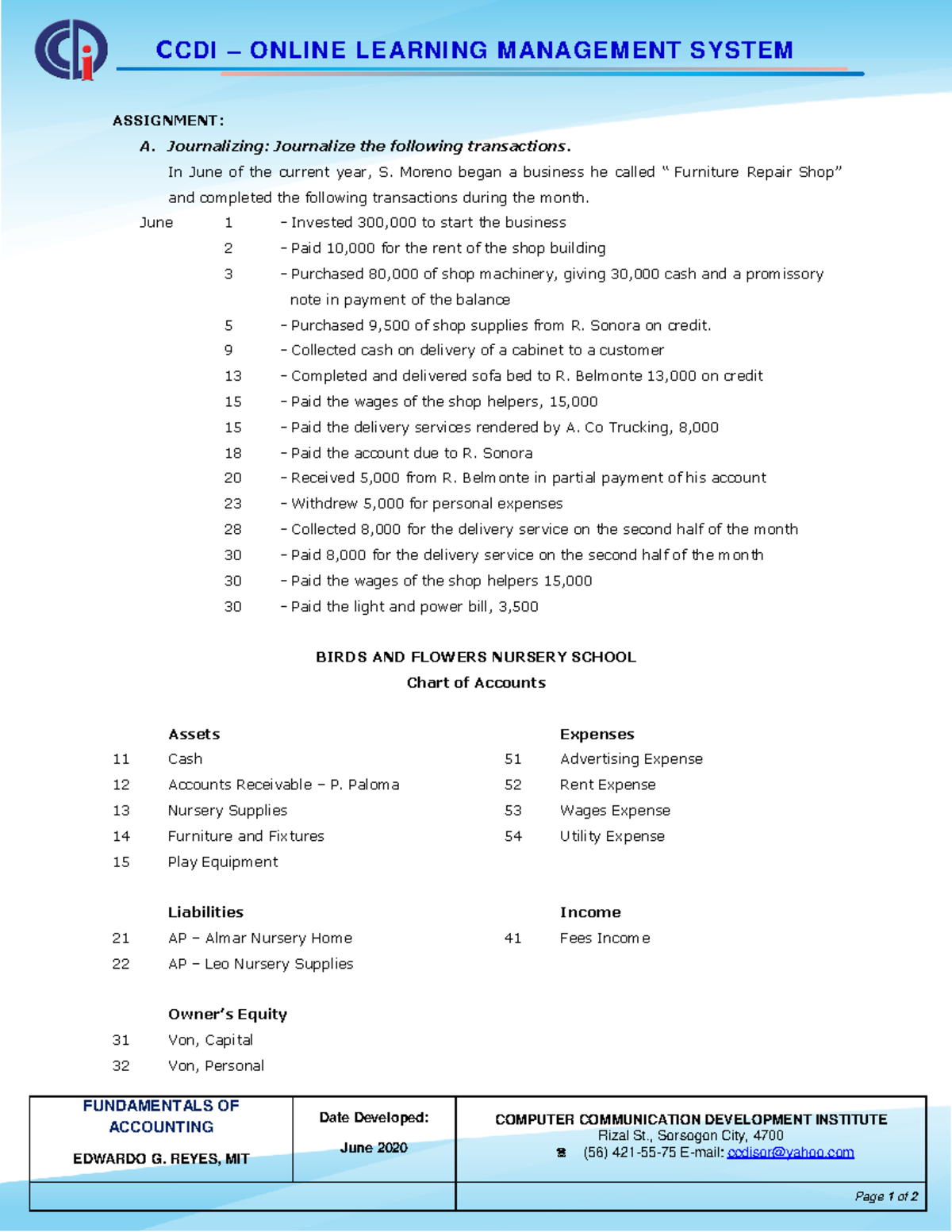 Chapter 5 - Journalizing Assignment for Fund. of Accounting - Studocu