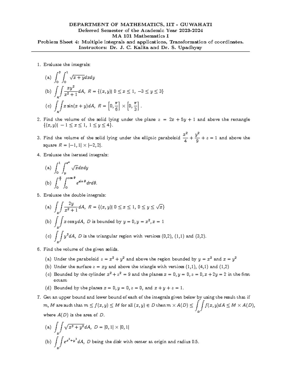 MA 101 Mathematics I: Problem Sheet 4 on Multiple Integrals - Studocu